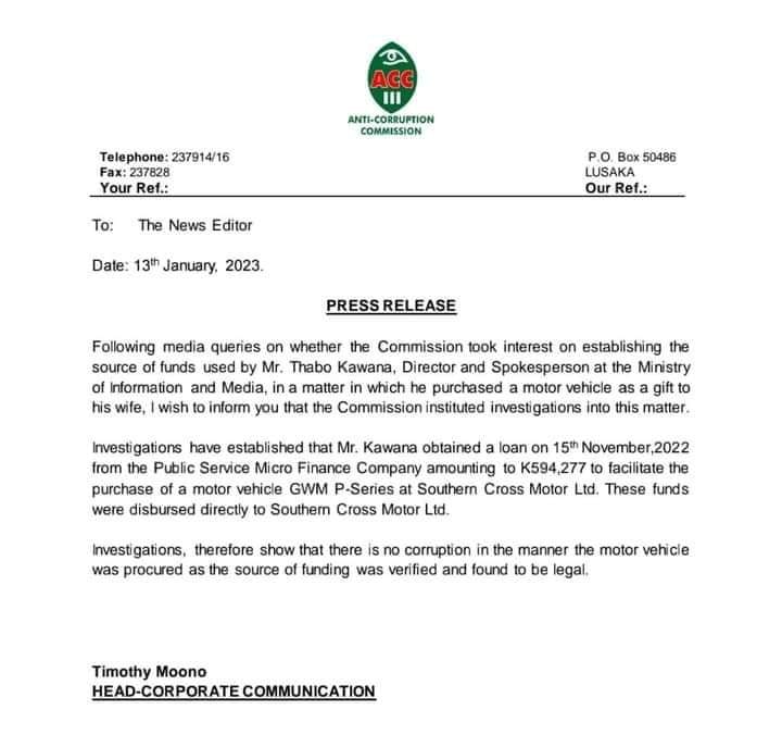 ACC CLEARS THABO KAWANA IN MOTOR VEHICLE ISSUE | The Zambian Observer