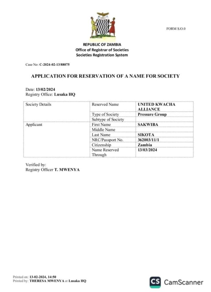UNITED KWACHA ALLIANCE(UKA) NAME CLEARED | The Zambian Observer